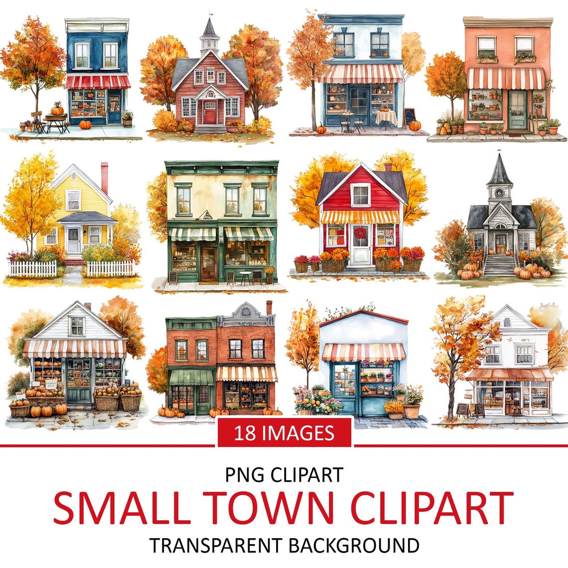 Fall Small Town Storefront Clipart: Autumn Shops PNG (digital Download ...