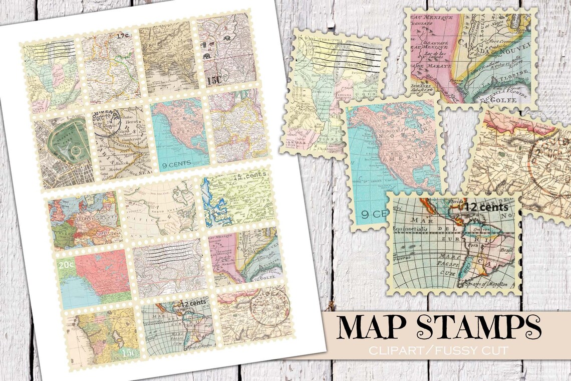 Printable Vintage Maps Stamps Vintage Ephemera Fussy Cut - Etsy