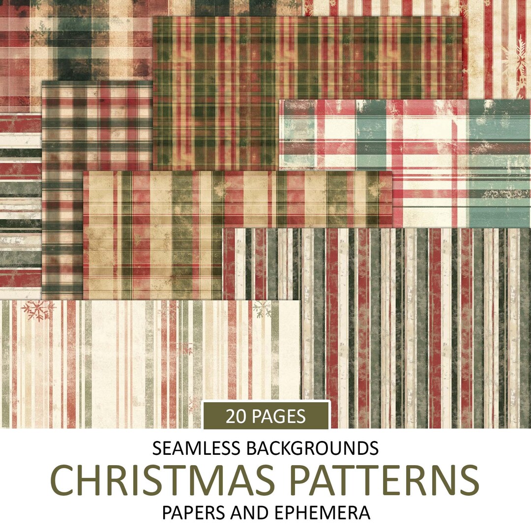 Vintage Style Christmas Patterns, Seamless Papers, Holiday Scrapbook, Junk Journal, Plaid ...