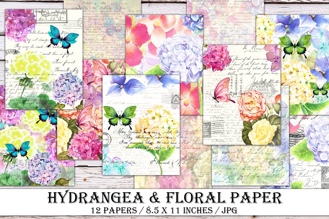 Printable Floral Collage Pages, Hydrangeas, Flowers and Handwriting ...