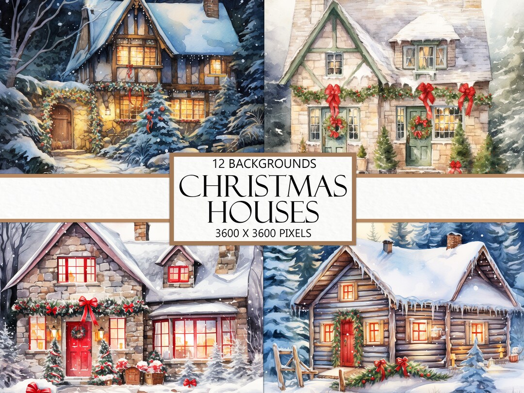 Watercolor Christmas Houses Images, Winter Background, Scrapbook Papers ...