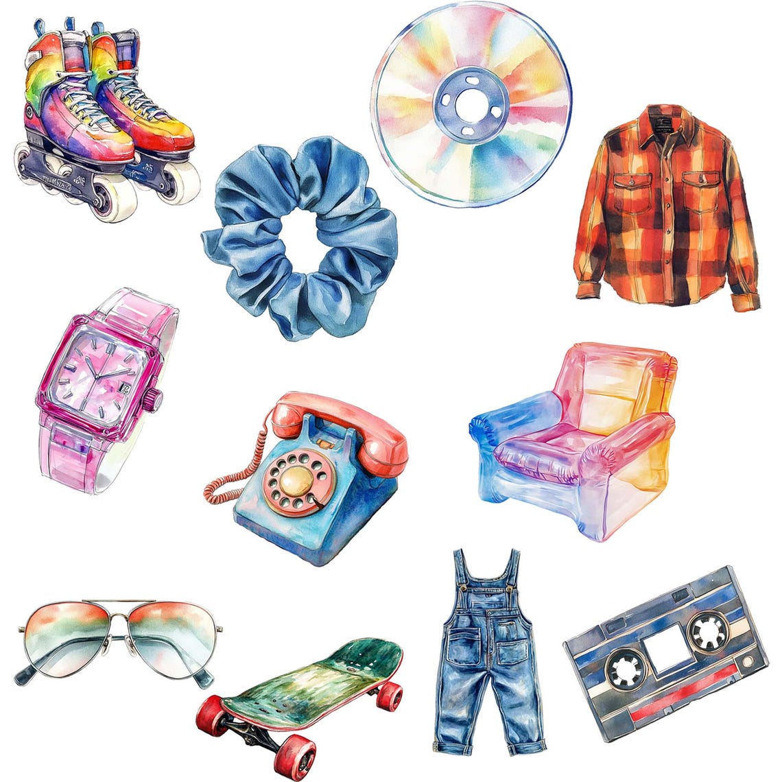 Watercolor 90s Clipart: Retro Nostalgia Graphics (digital Download ...