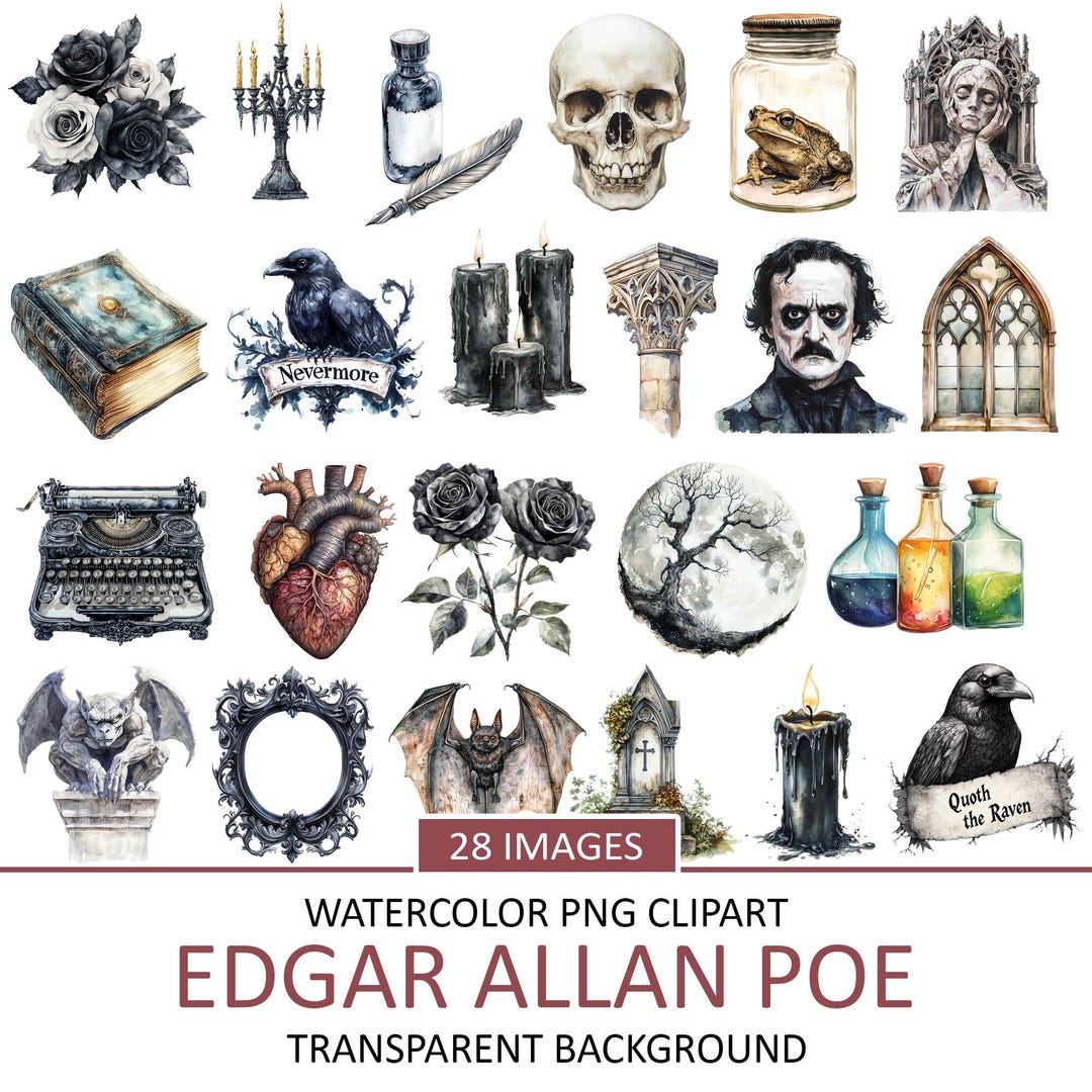 Watercolor Edgar Allan Poe Clipart: Gothic Poet PNG Images (digital ...