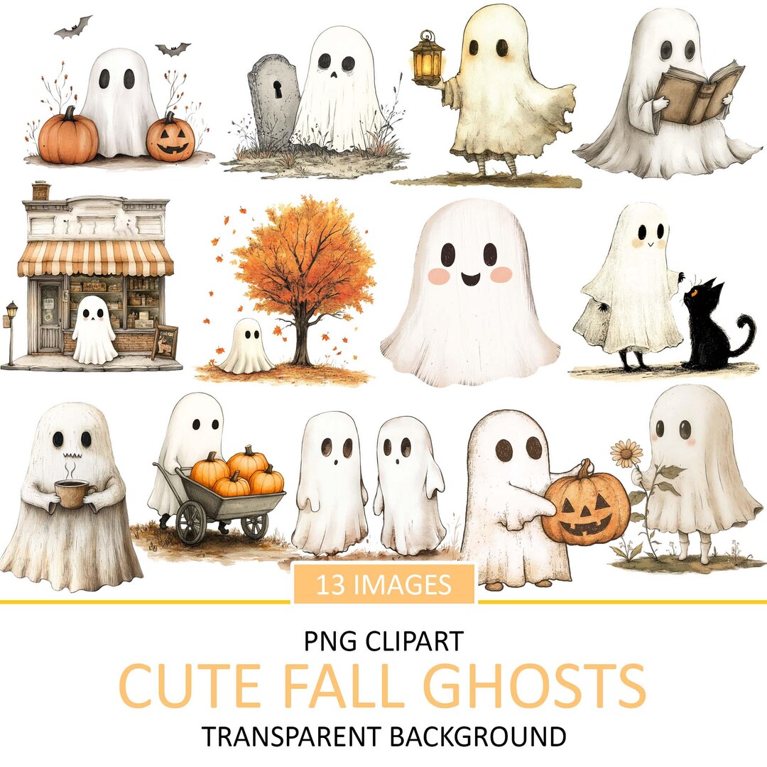 Watercolor Cute Fall Ghosts Clipart, Halloween Image Sublimation ...