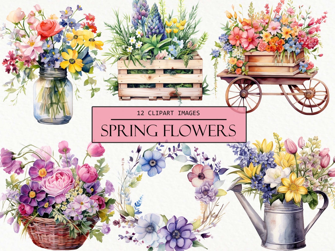Watercolor Spring Flowers Clipart, Vintage Floral Arrangement ...