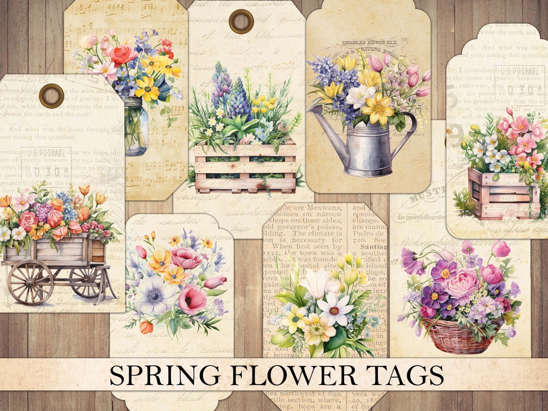 Vintage Spring Flowers Tags and Labels, Junk Journal Ephemera, Antique ...