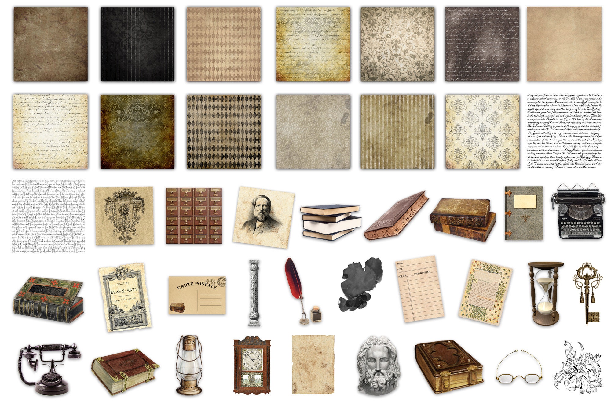 Vintage Library Scrapbook Kit: Ephemera, Books, Typewriter (digital ...