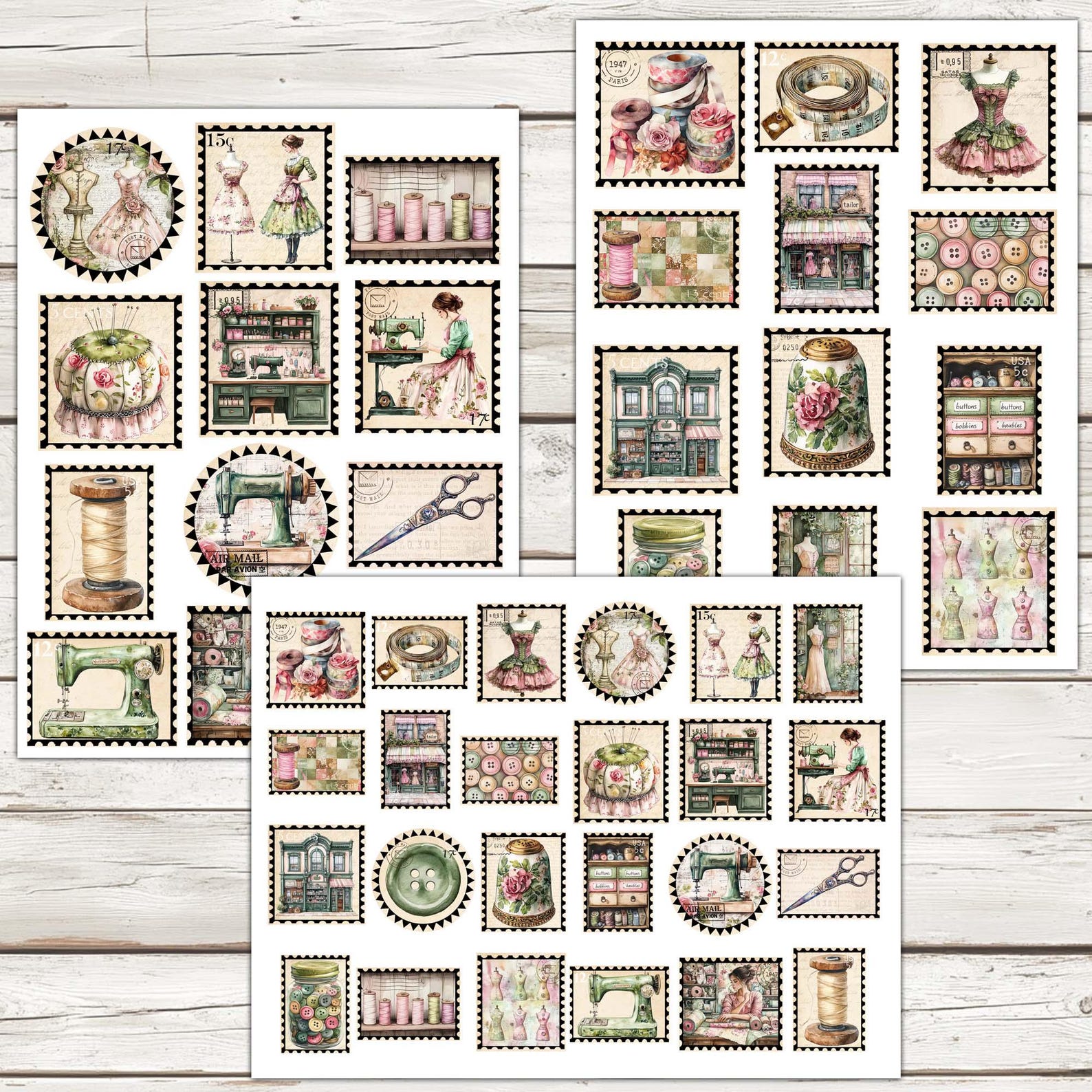 Vintage Shabby Chic Sewing Stamps: Junk Journal Ephemera (digital ...