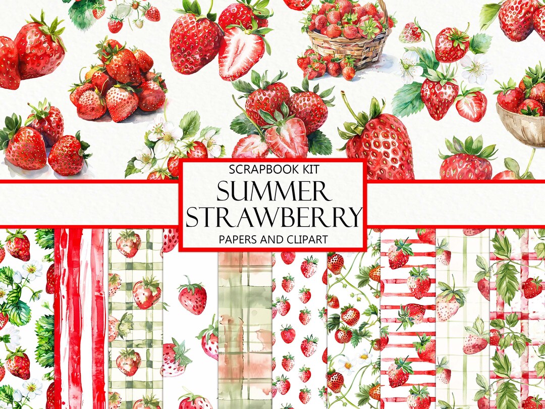 Watercolor Strawberries Scrapbook Kit, Junk Journal, Strawberry Images ...
