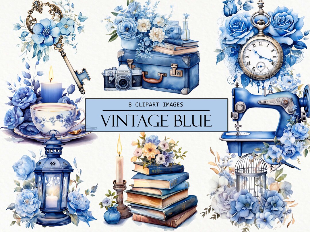 Watercolor Vintage Blue Clipart, Antique Object, Sticker and Planner ...