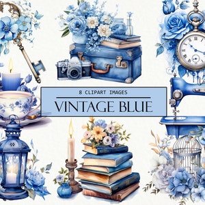 Watercolor Vintage Blue Clipart, Antique Object, Sticker and Planner ...