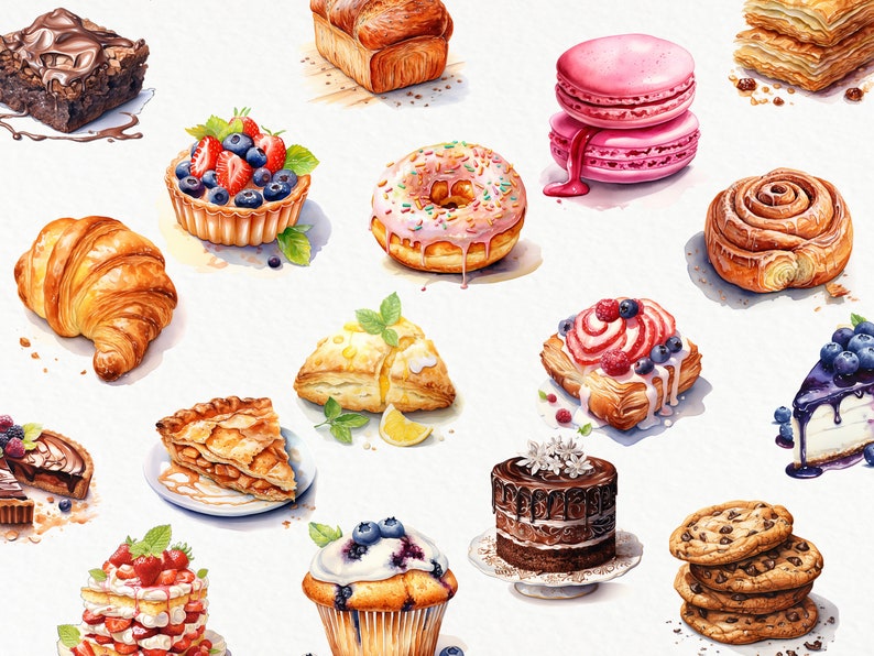 Watercolor Baked Goods Clipart, Pastry Images, Bread Clip Art, Baking ...