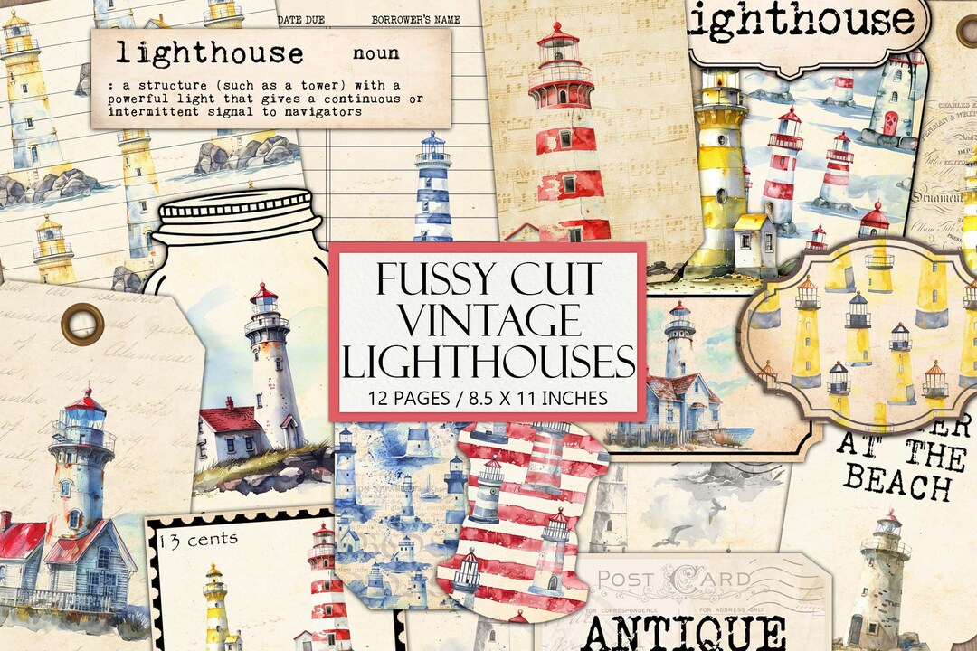 Watercolor Vintage Lighthouses Ephemera Kit, Antique Beachy Aesthetic ...