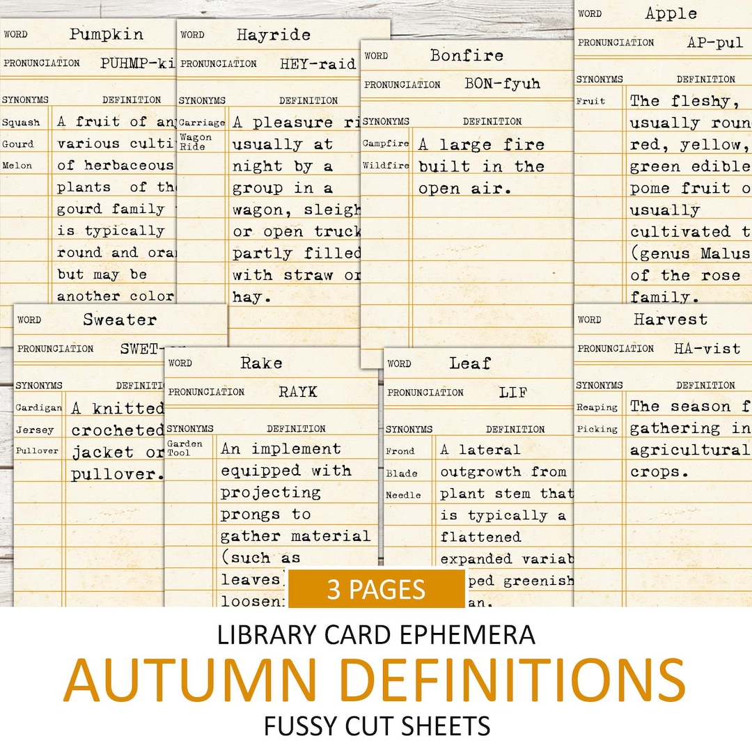 Printable Vintage Autumn Definition Library Cards, Fussy Cut, Ephemera ...