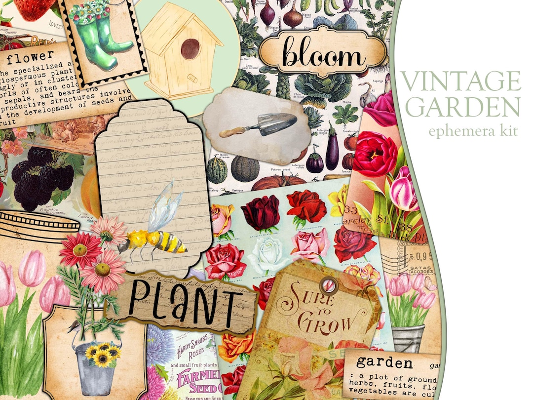 Vintage Gardening Ephemera Kit: Floral Collage, Junk Journal (digital ...