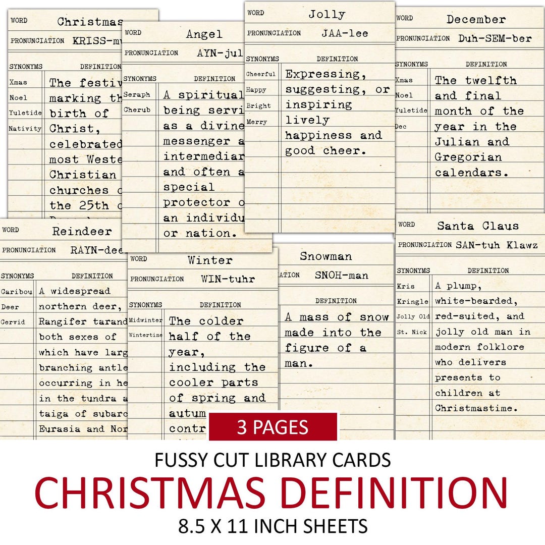 Printable Vintage Christmas Definition Library Cards, Fussy Cut ...