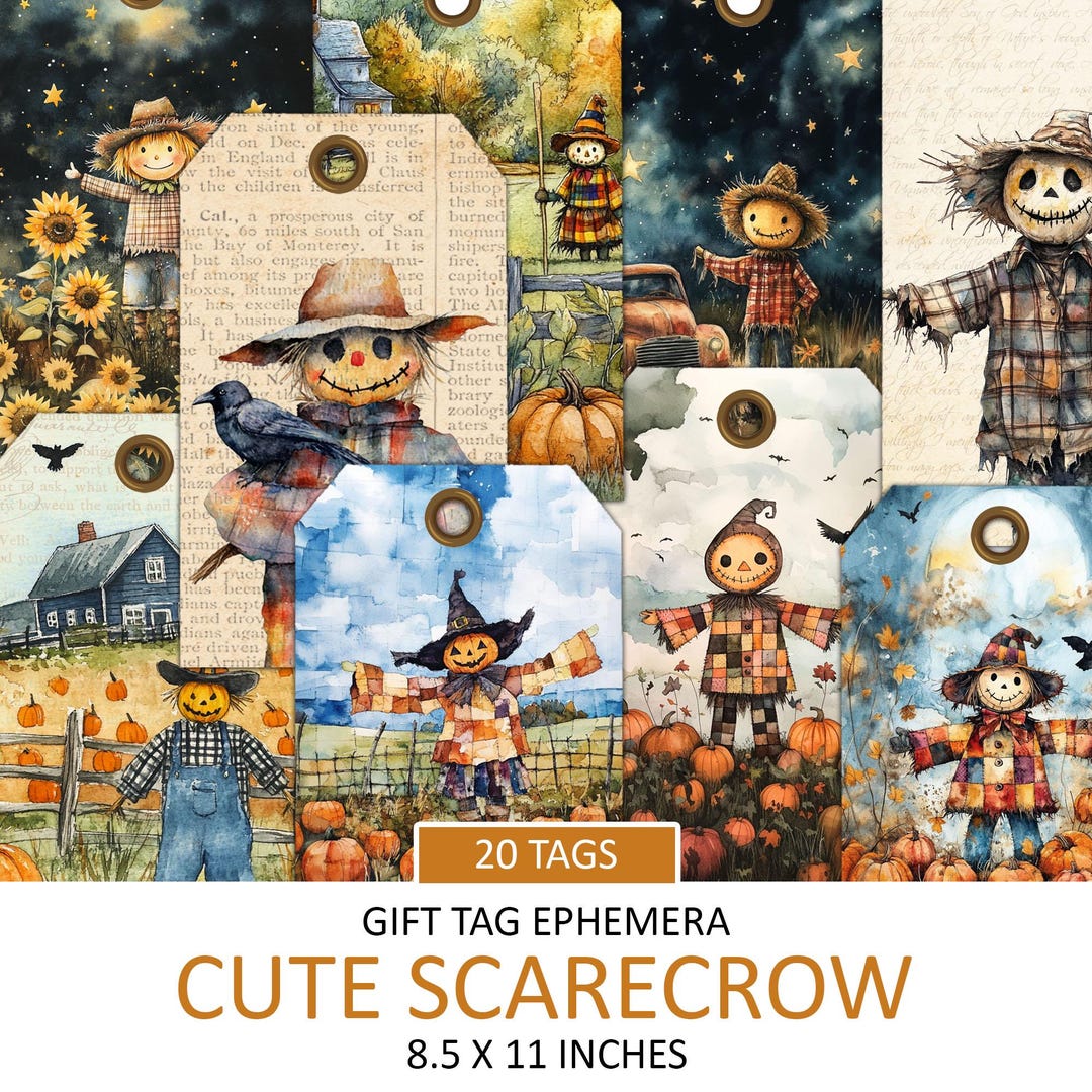 Vintage Cute Scarecrow Tags, Printable Ephemera, Autumn Farm Field ...