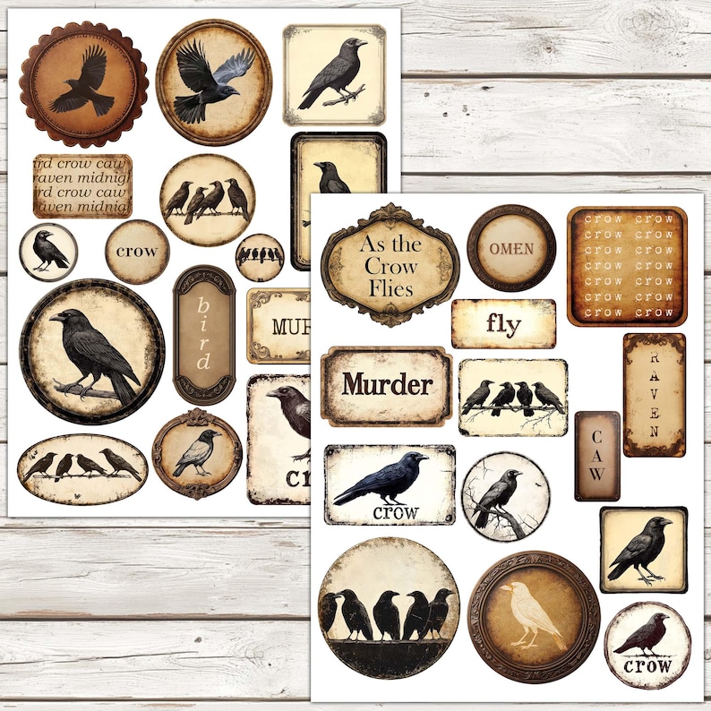 Vintage Crow Ephemera Kit: Printable Labels, Journal Scrapbook (digital ...