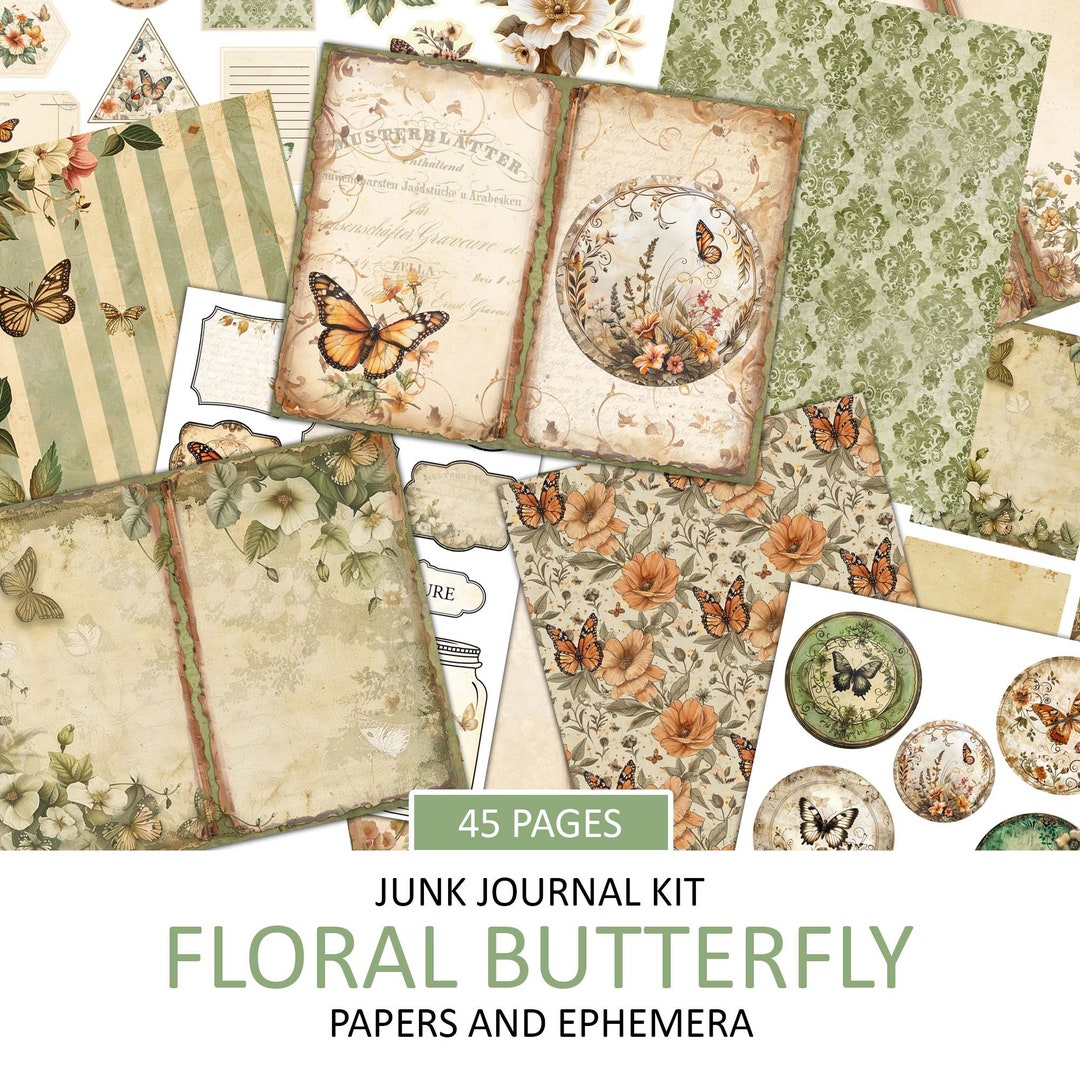FULL Green Floral Butterfly Junk Journal Kit, Vintage Style Pages ...