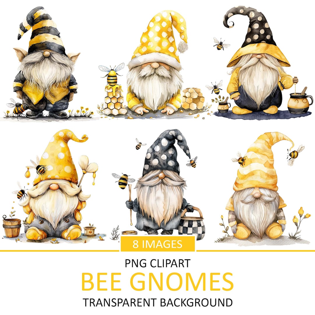 Watercolor Honey Bee Gnome Clipart, Autumn Clip Art, Black & Yellow ...