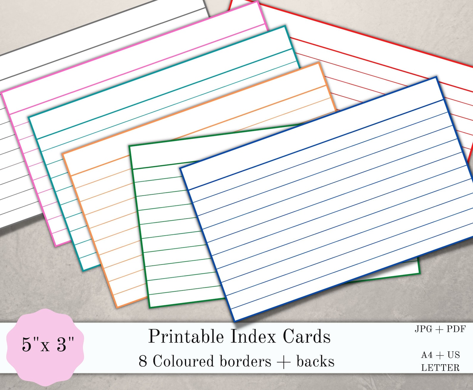 Printable Index Cards With Coloured Borders, 5"x3" Organisation Cards ...
