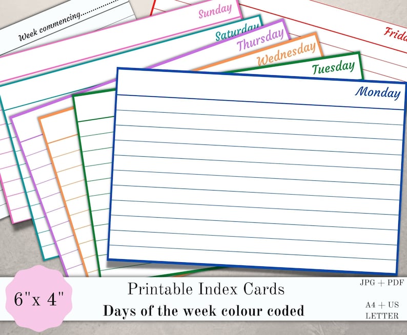 Printable Index Cards Days of the Week, 6"x4" Organisation Cards ...