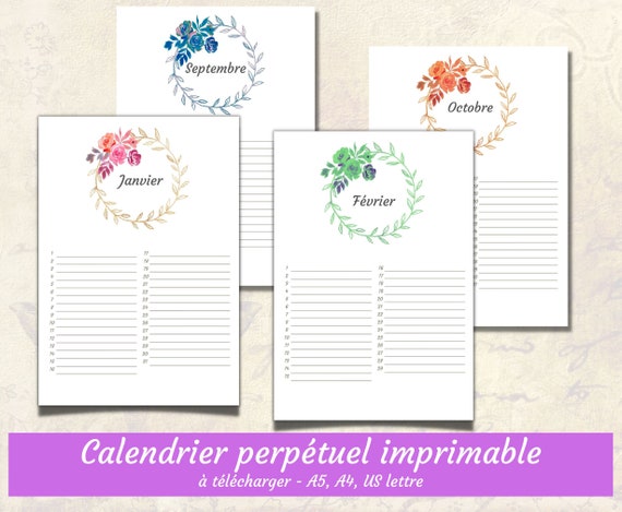 Printable Perpetual Calendar French Monthly Planner Calendar - Etsy