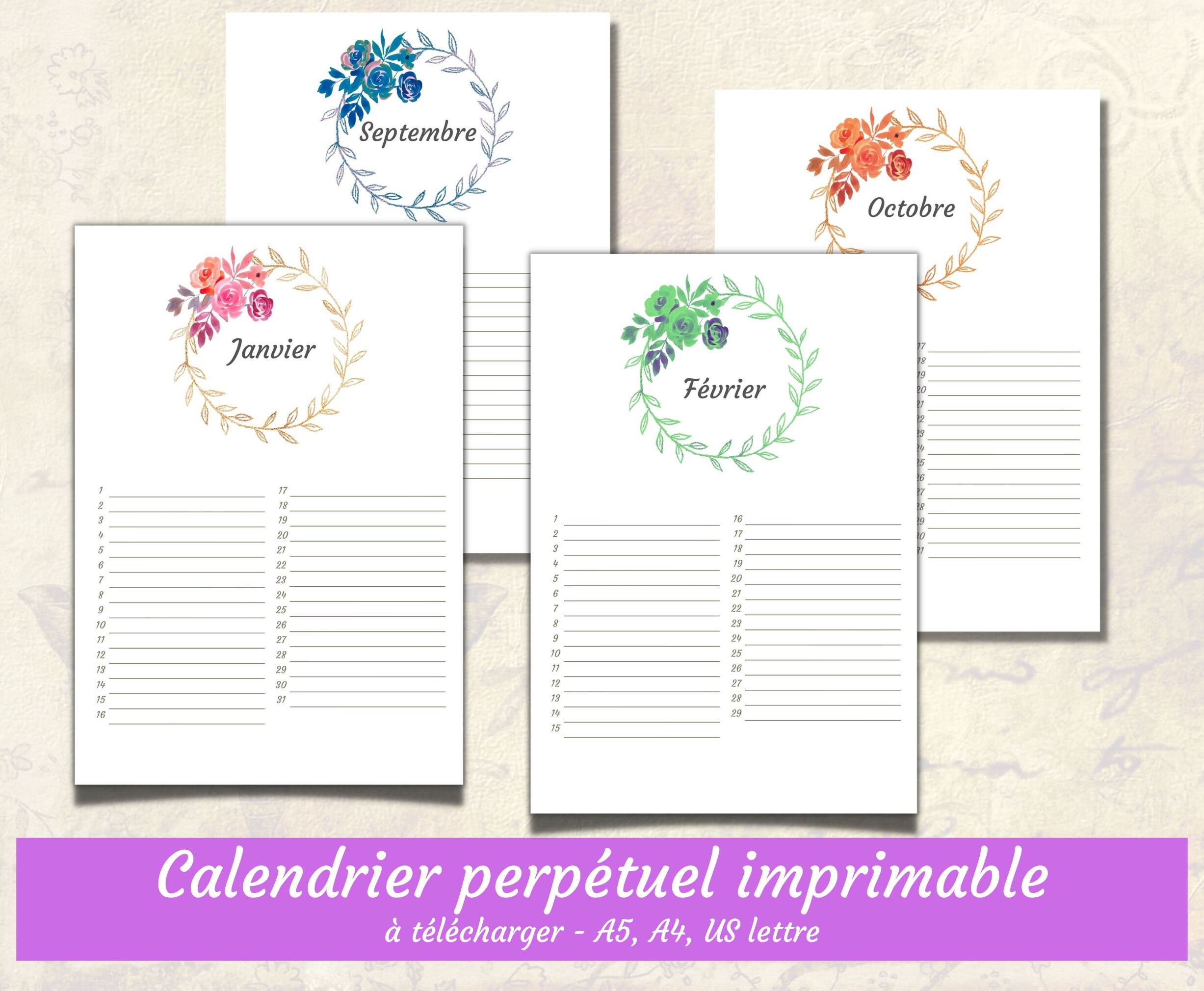 Printable Perpetual Calendar, French Monthly Planner Calendar, Birthday ...
