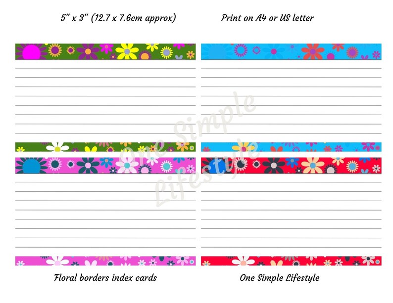 Index Cards Printable 6x4" and 5x3", Floral Border Task Cards, Set of 8 ...