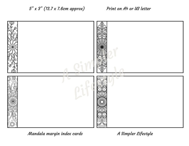Index Cards Printable With Mandala Border, 3"x5" Index Cards for ...