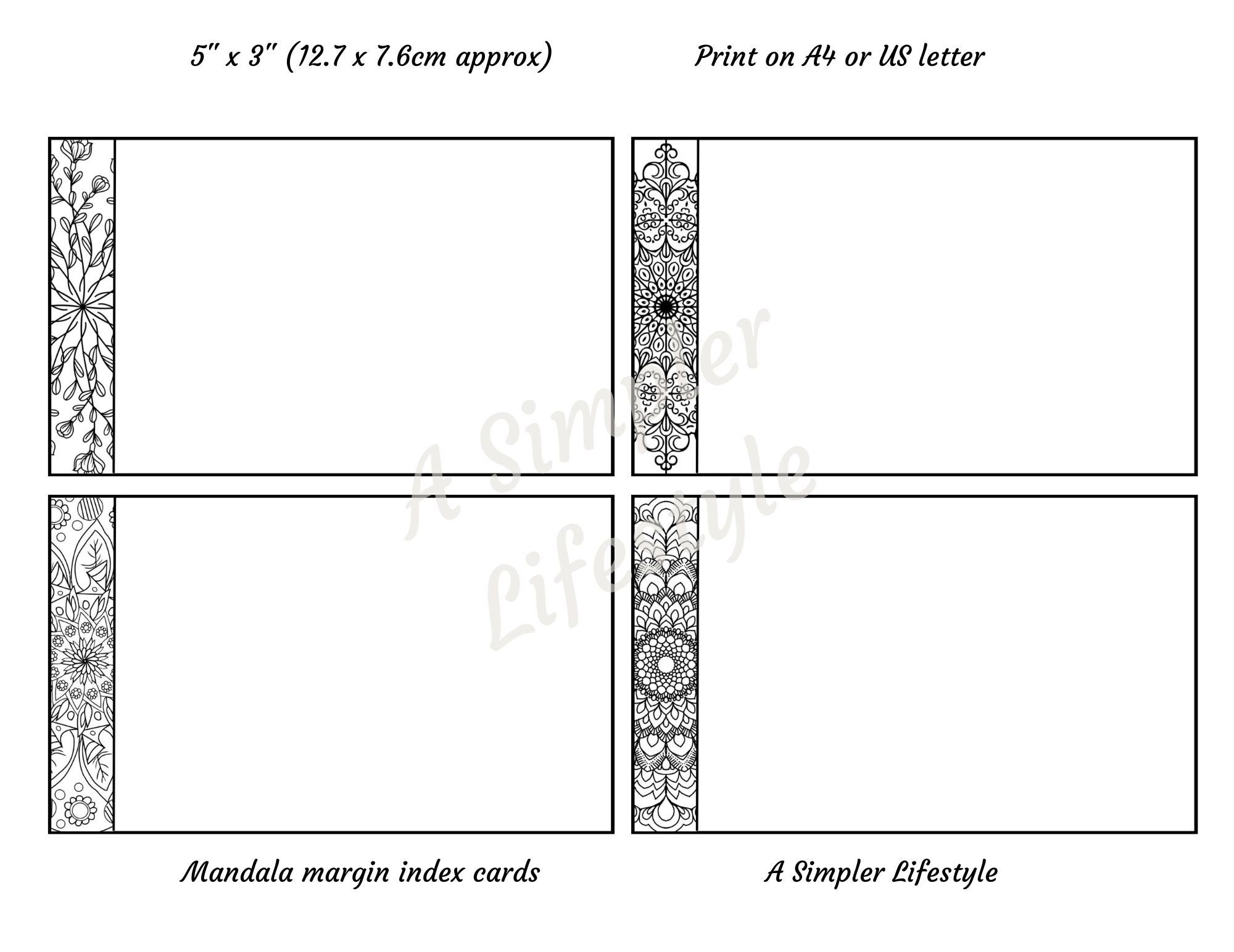 Index Cards Printable With Mandala Border, 3"x5" Index Cards for ...
