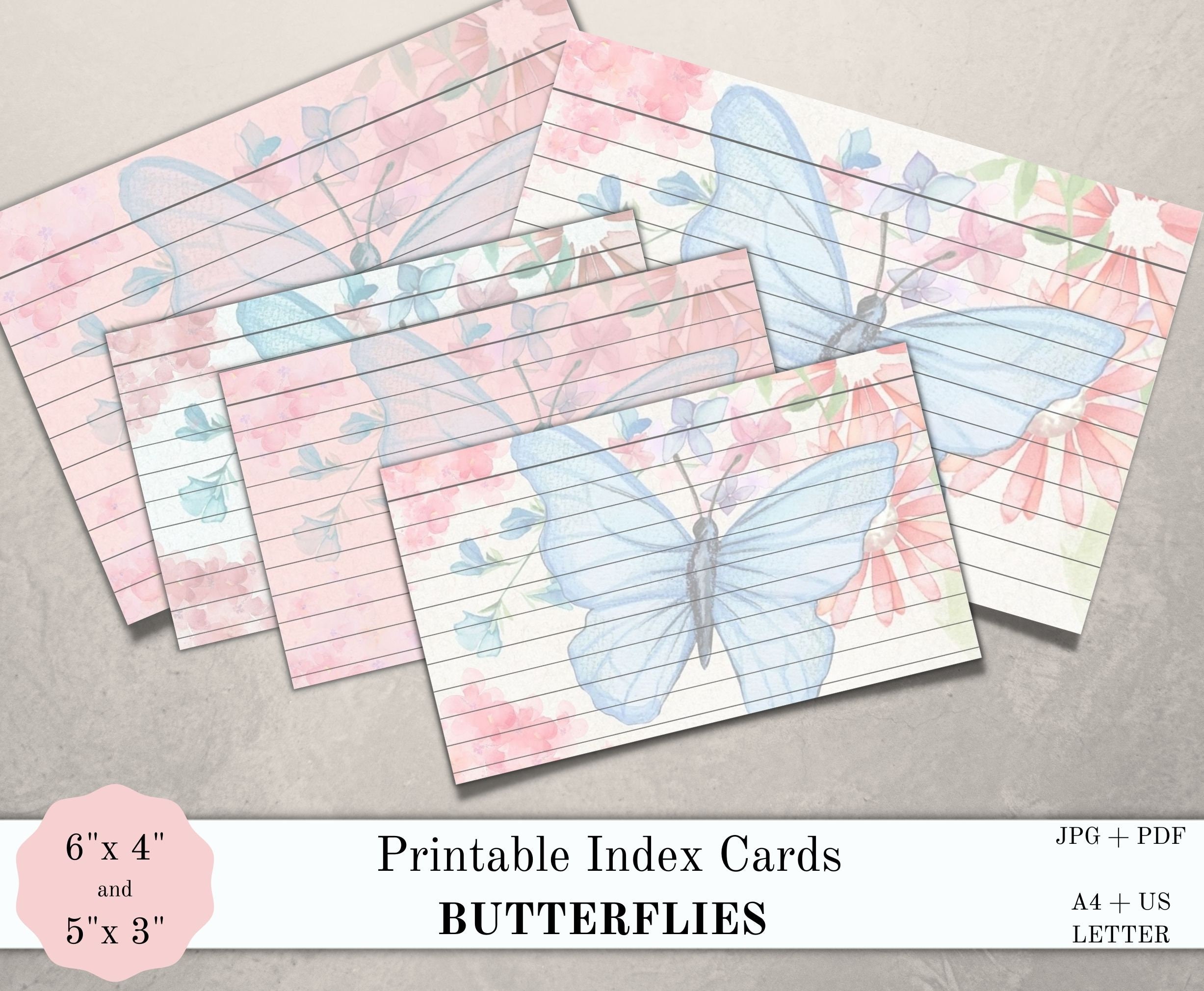 Printable Index Cards 6x4 and 5x3, Butterfly Cards, Set of 8 Cards ...