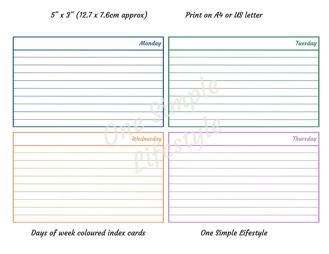 Printable Index Cards Days of the Week, 5"x3" Organisation Cards ...