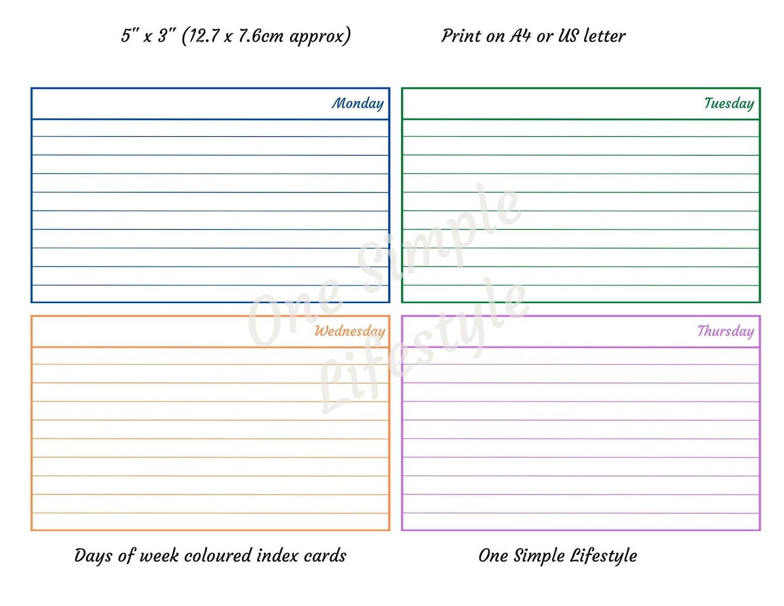 Printable Index Cards Days of the Week, 5"x3" Organisation Cards ...