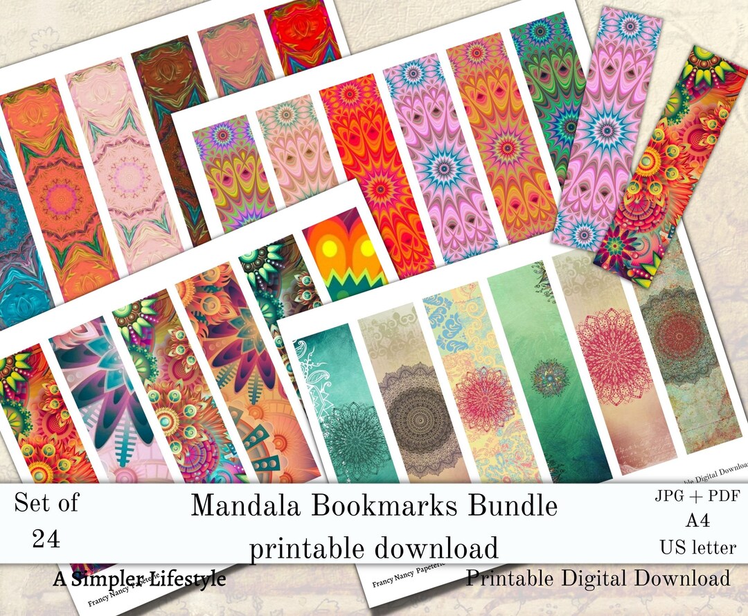 24 Printable Mandala Bookmarks Bundle, Bright and Rustic Bookmarks on ...