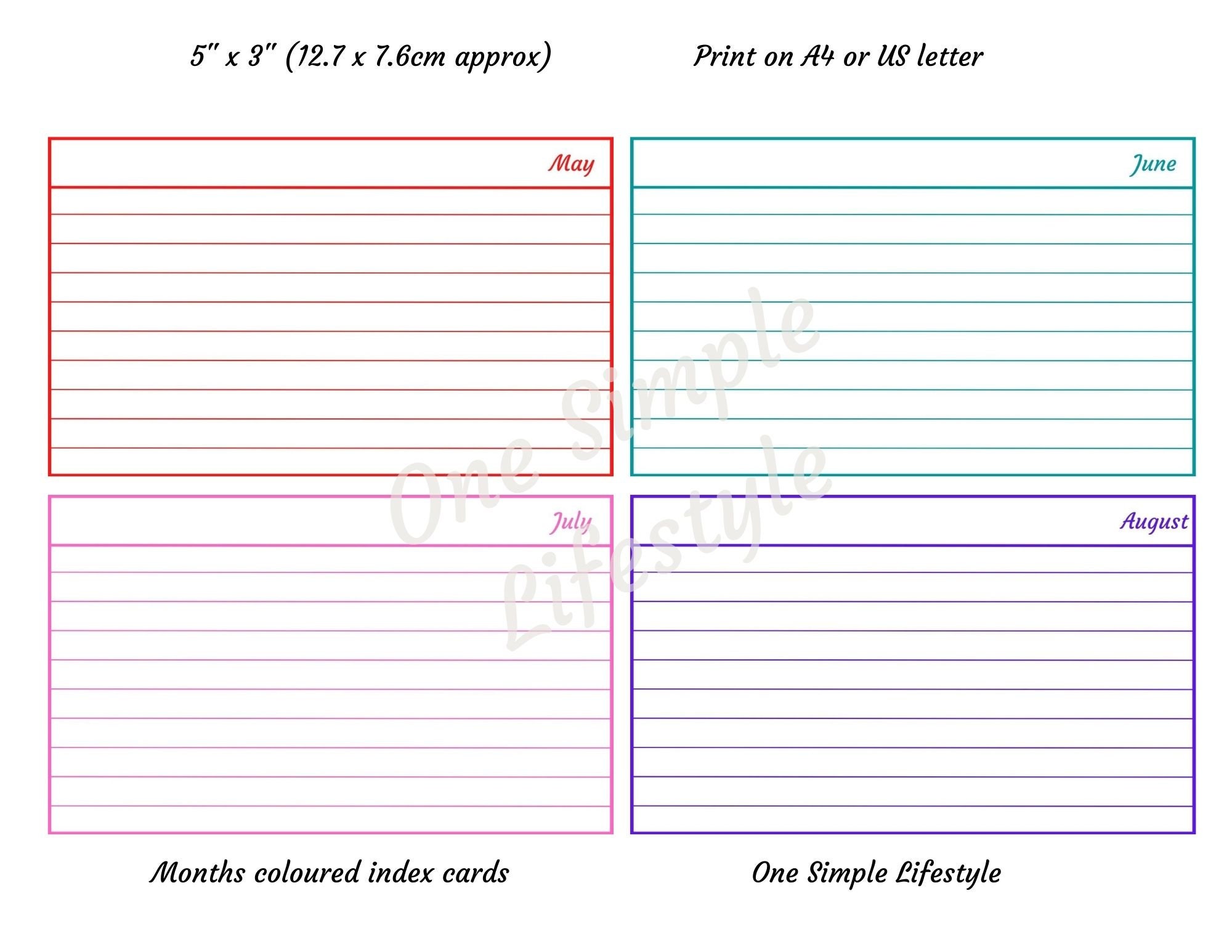 Printable Index Cards Months January to December, 5"x3" Organisation ...
