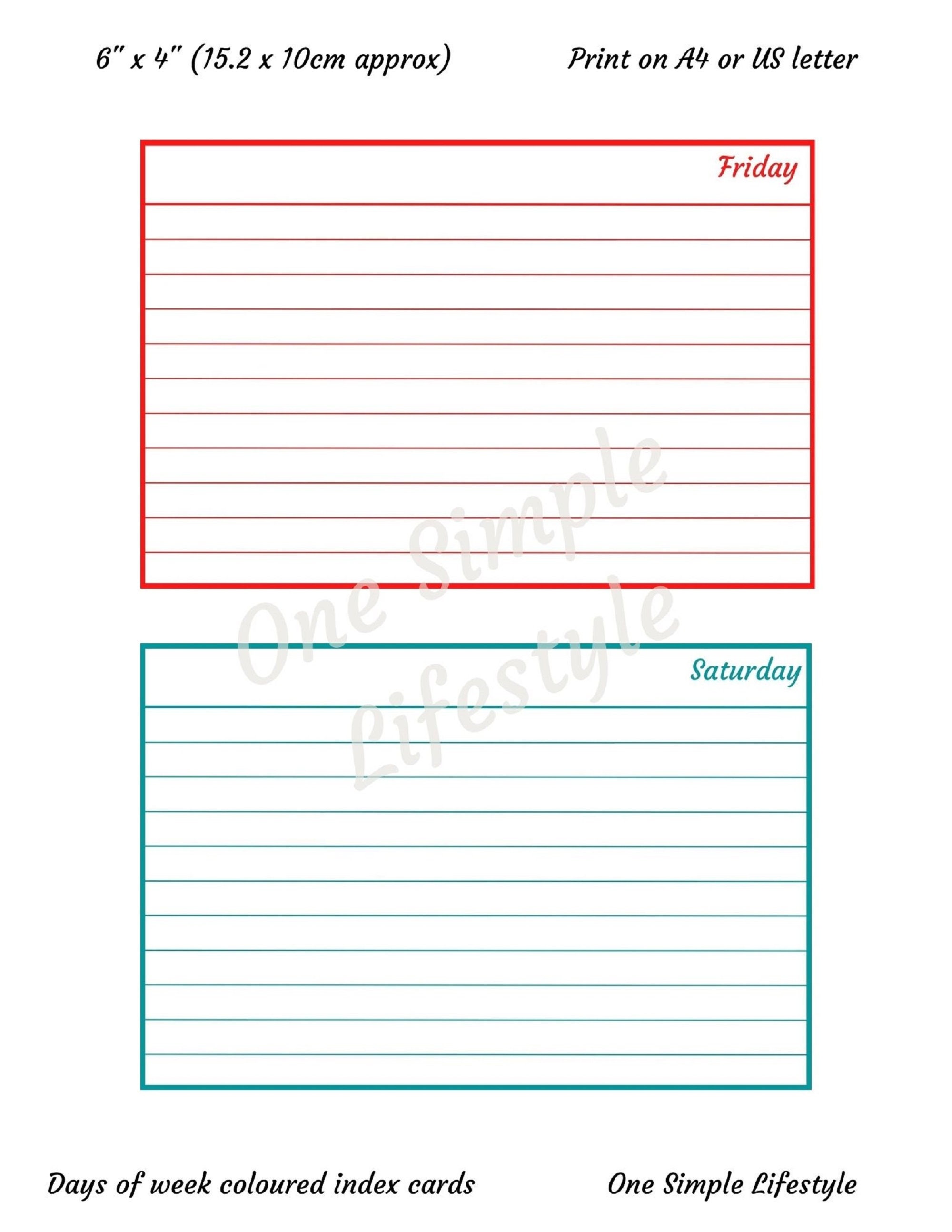 Printable Index Cards Days of the Week, 6"x4" Organisation Cards ...