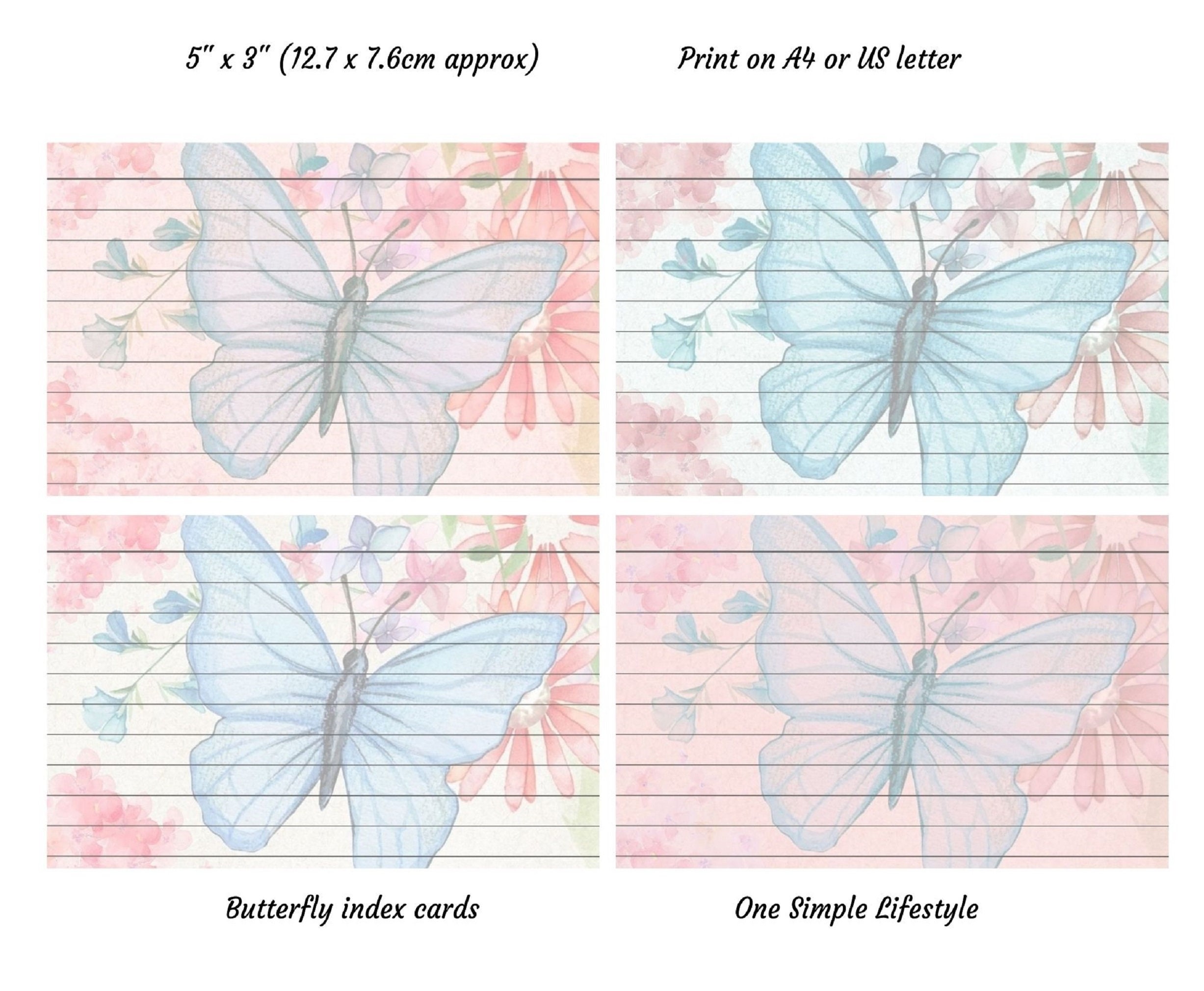 Printable Index Cards 6x4 and 5x3, Butterfly Cards, Set of 8 Cards ...