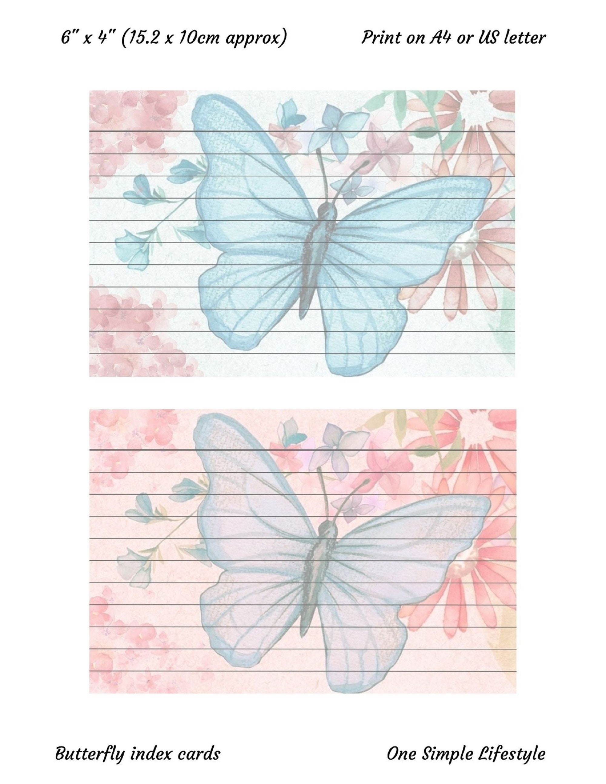 Printable Index Cards 6x4 and 5x3, Butterfly Cards, Set of 8 Cards ...