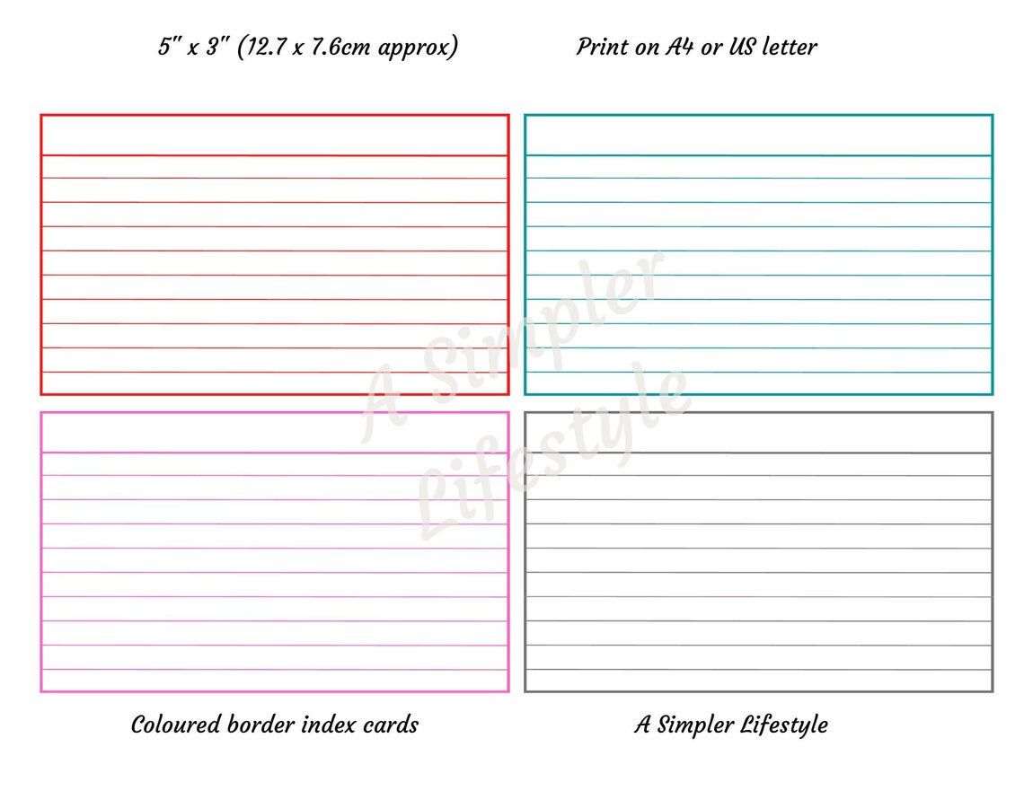 Printable Index Cards With Coloured Borders, 5x3 Organisation Cards ...