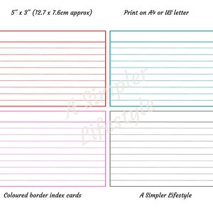 Printable Index Cards With Coloured Borders, 5x3 Organisation Cards ...