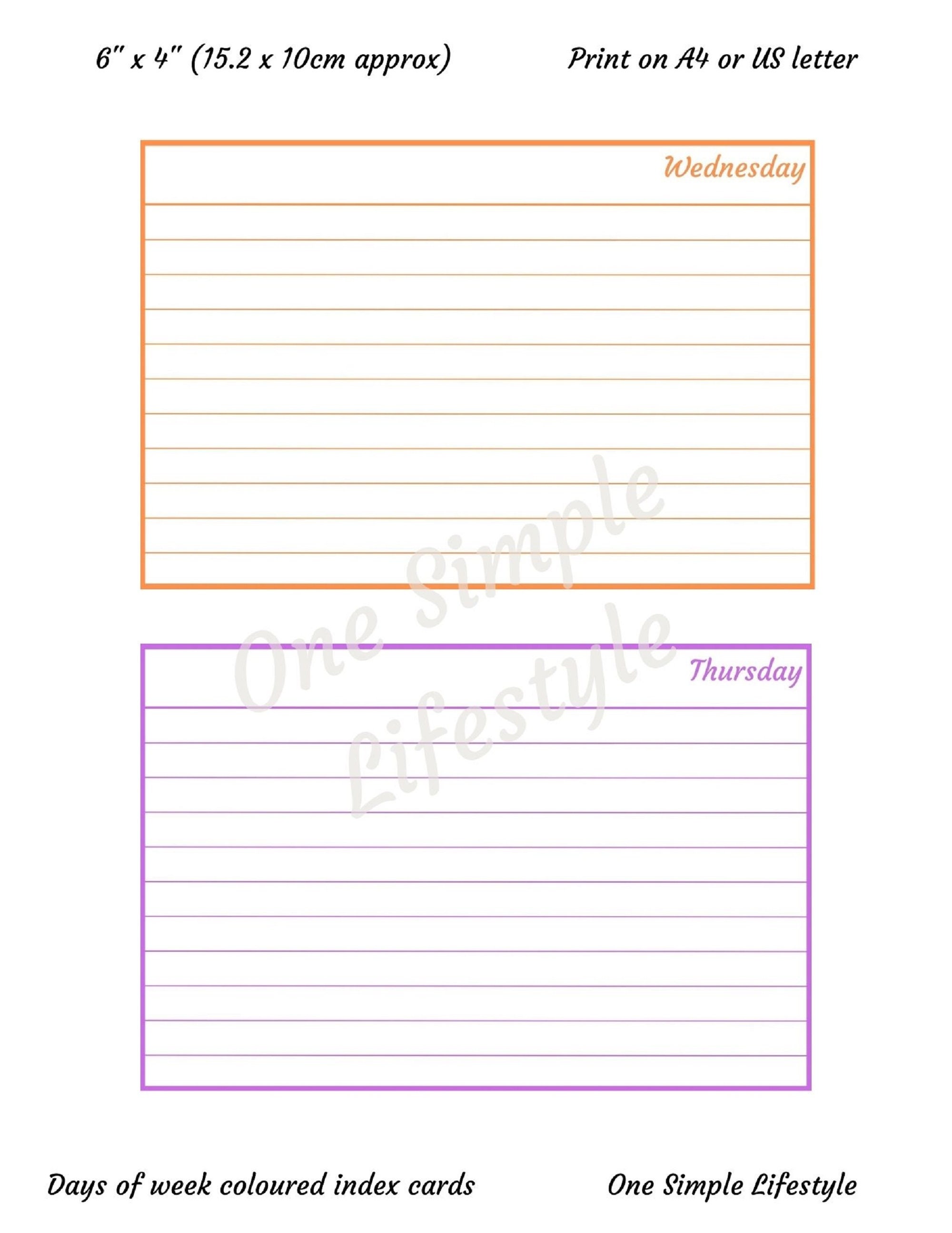 Printable Index Cards Days of the Week, 6"x4" Organisation Cards ...