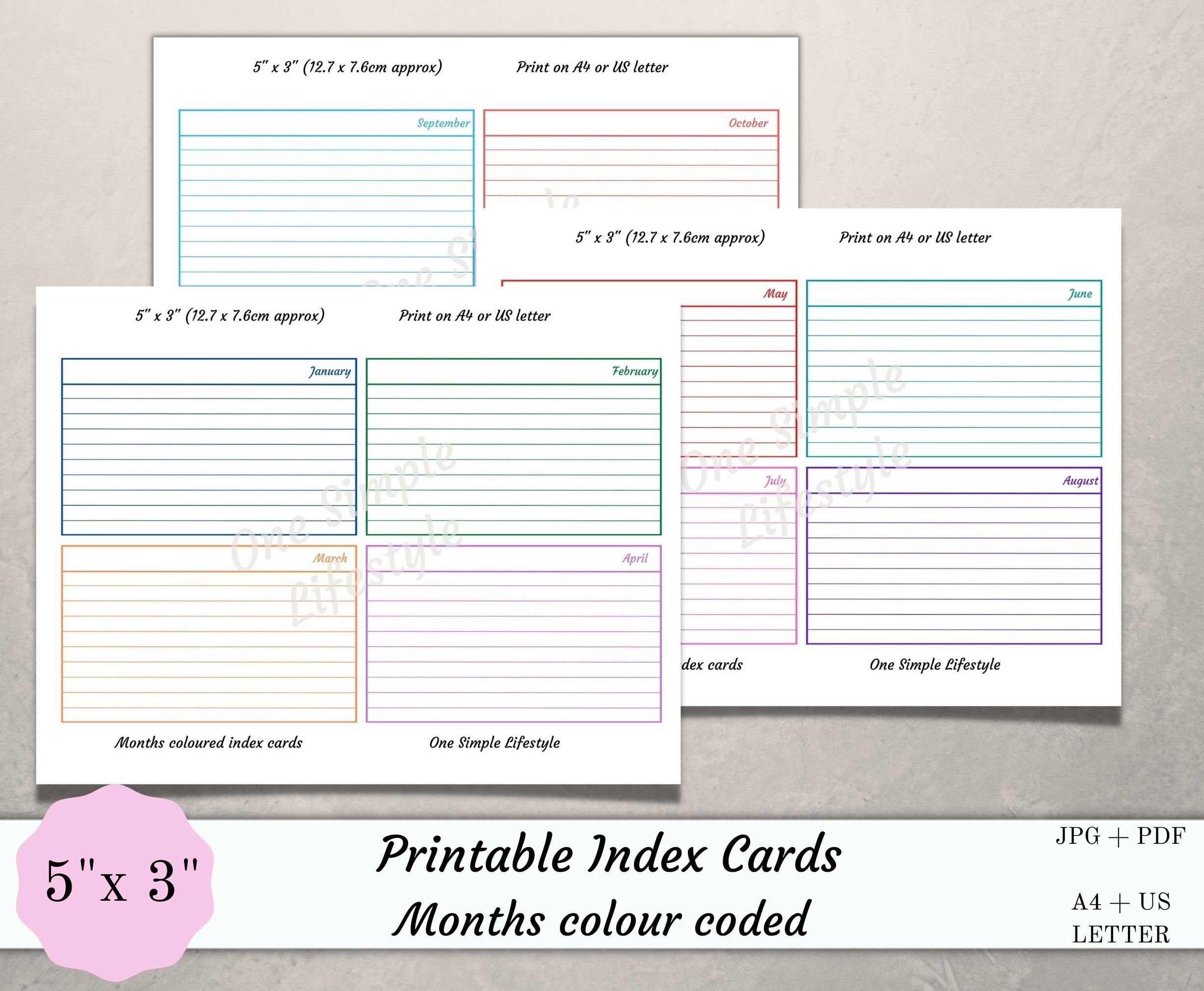 Printable Index Cards Months January to December, 5"x3" Organisation ...