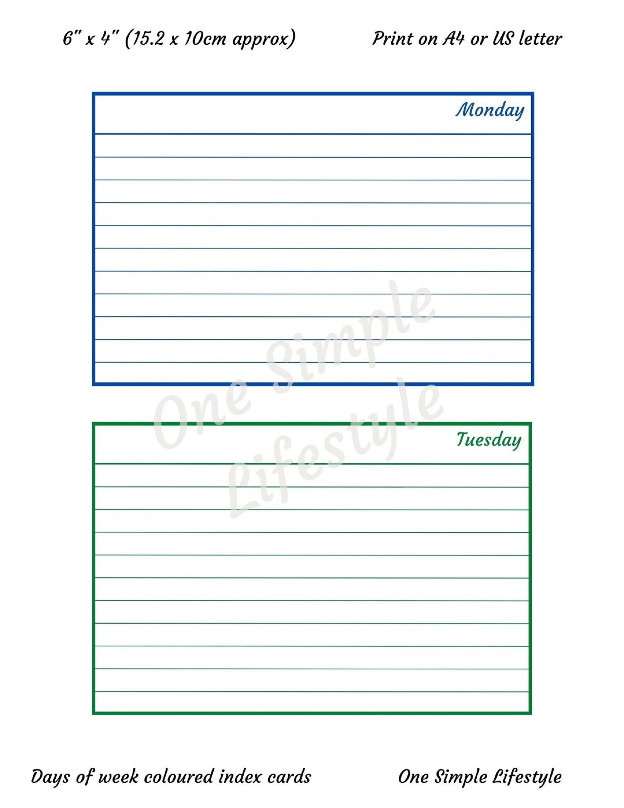 Printable Index Cards Days of the Week, 6"x4" Organisation Cards ...