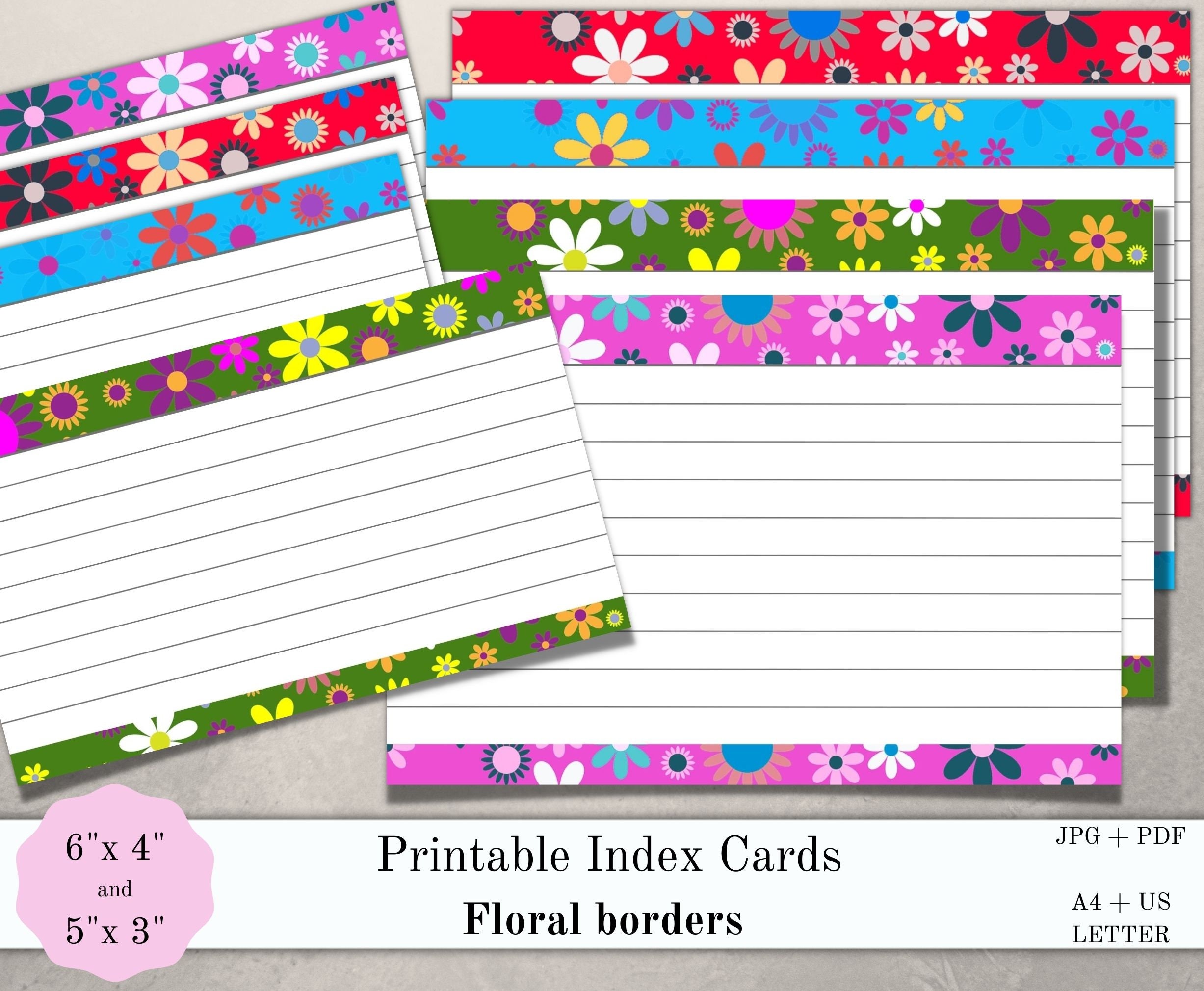 Index Cards Printable 6x4" and 5x3", Floral Border Task Cards, Set of 8 ...