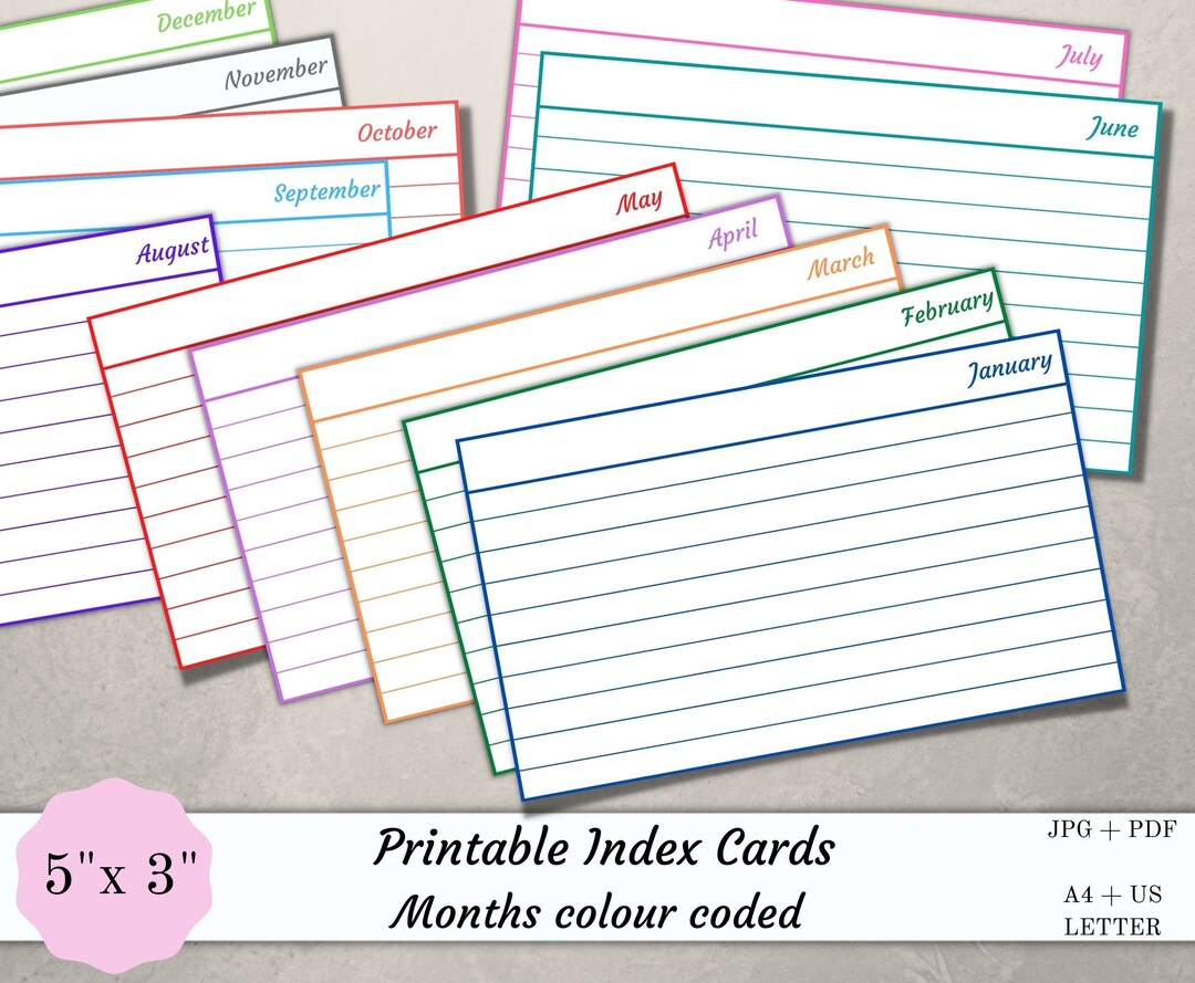 Printable Index Cards Months January to December, 5"x3" Organisation ...
