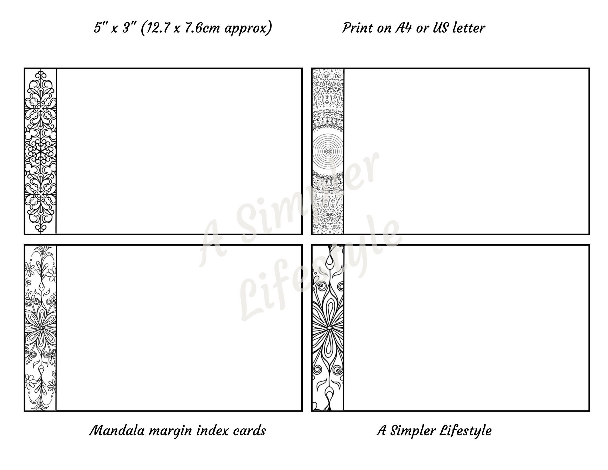 Index Cards Printable With Mandala Border, 3"x5" Index Cards for ...