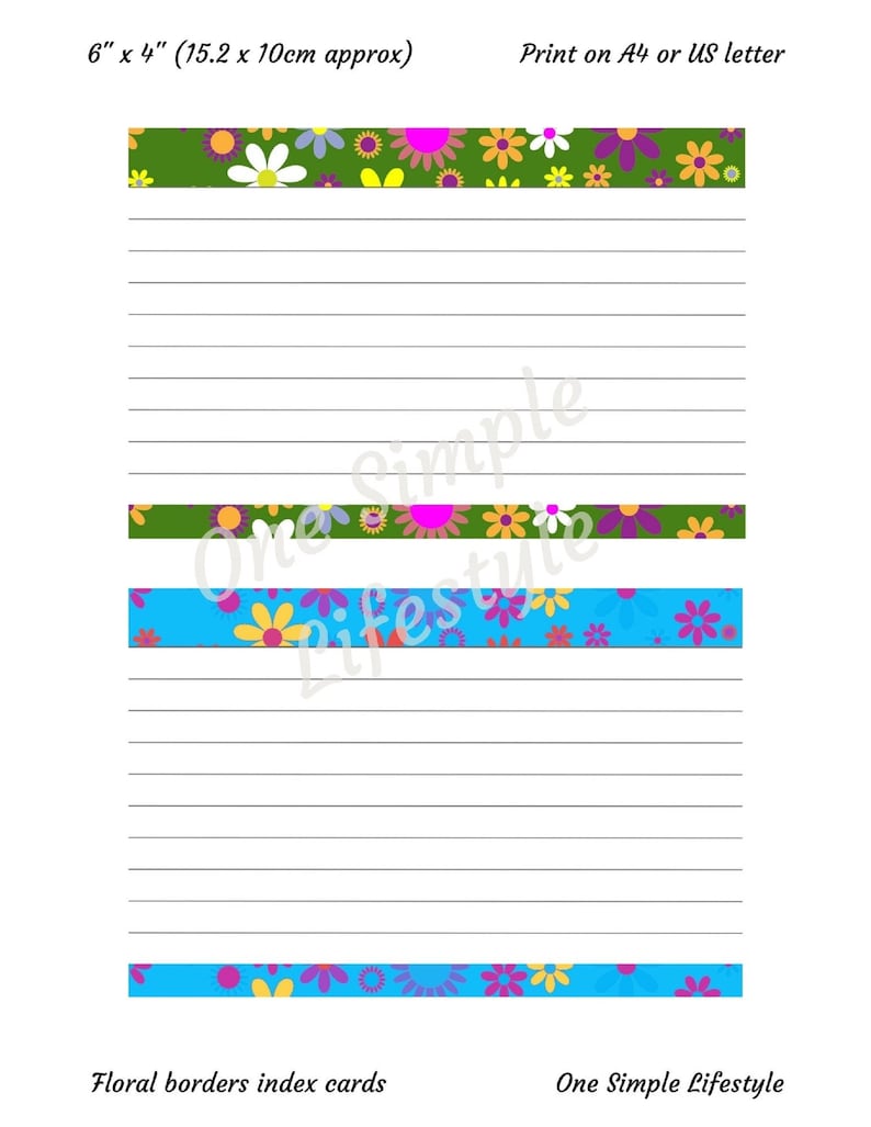Index Cards Printable 6x4" and 5x3", Floral Border Task Cards, Set of 8 ...