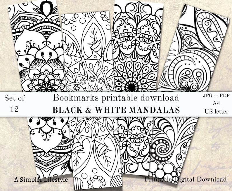 Printable Mandala Bookmarks, Black and White Colouring Bookmarks, 12 ...