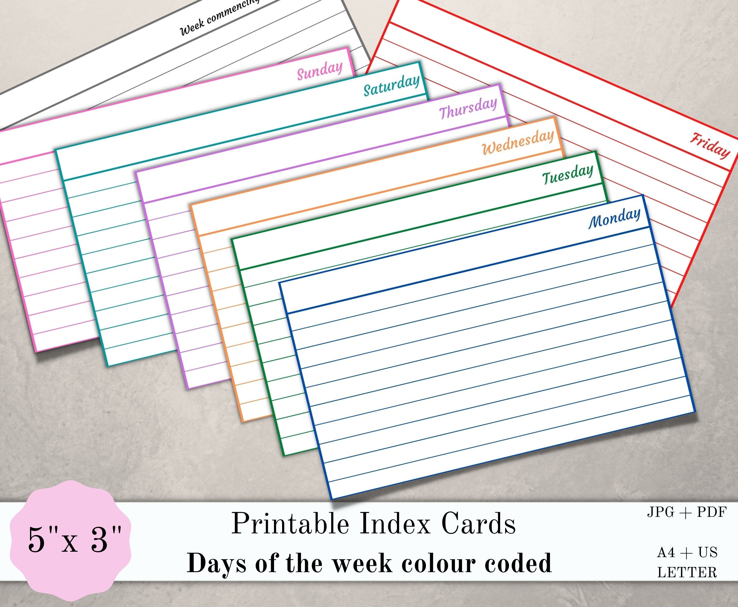 Printable Index Cards Days of the Week, 5"x3" Organisation Cards ...